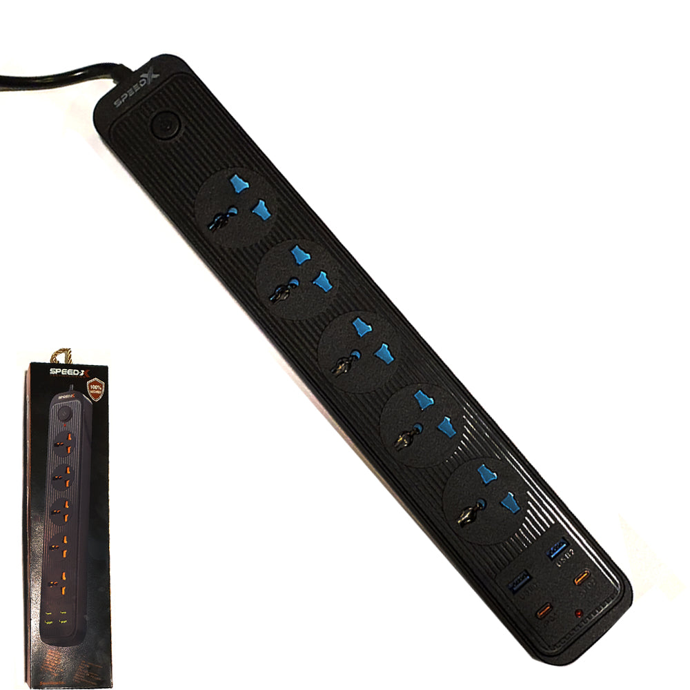 Speed-X 504PU Premium Portable Power Strip – 5 Sockets, 2 USB & 2 Type